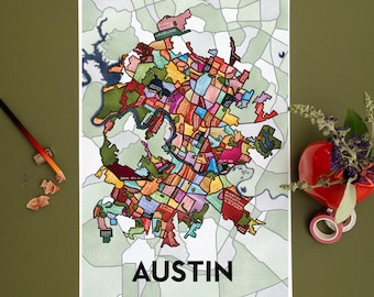 Austin City Map Art Print - Watercolor - Etsy