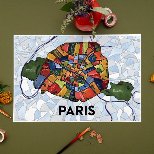 Illustrated Map of Paris Print color - Etsy
