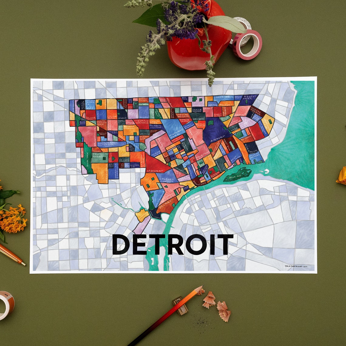 Detroit Neighborhoods Map Art Print | Etsy