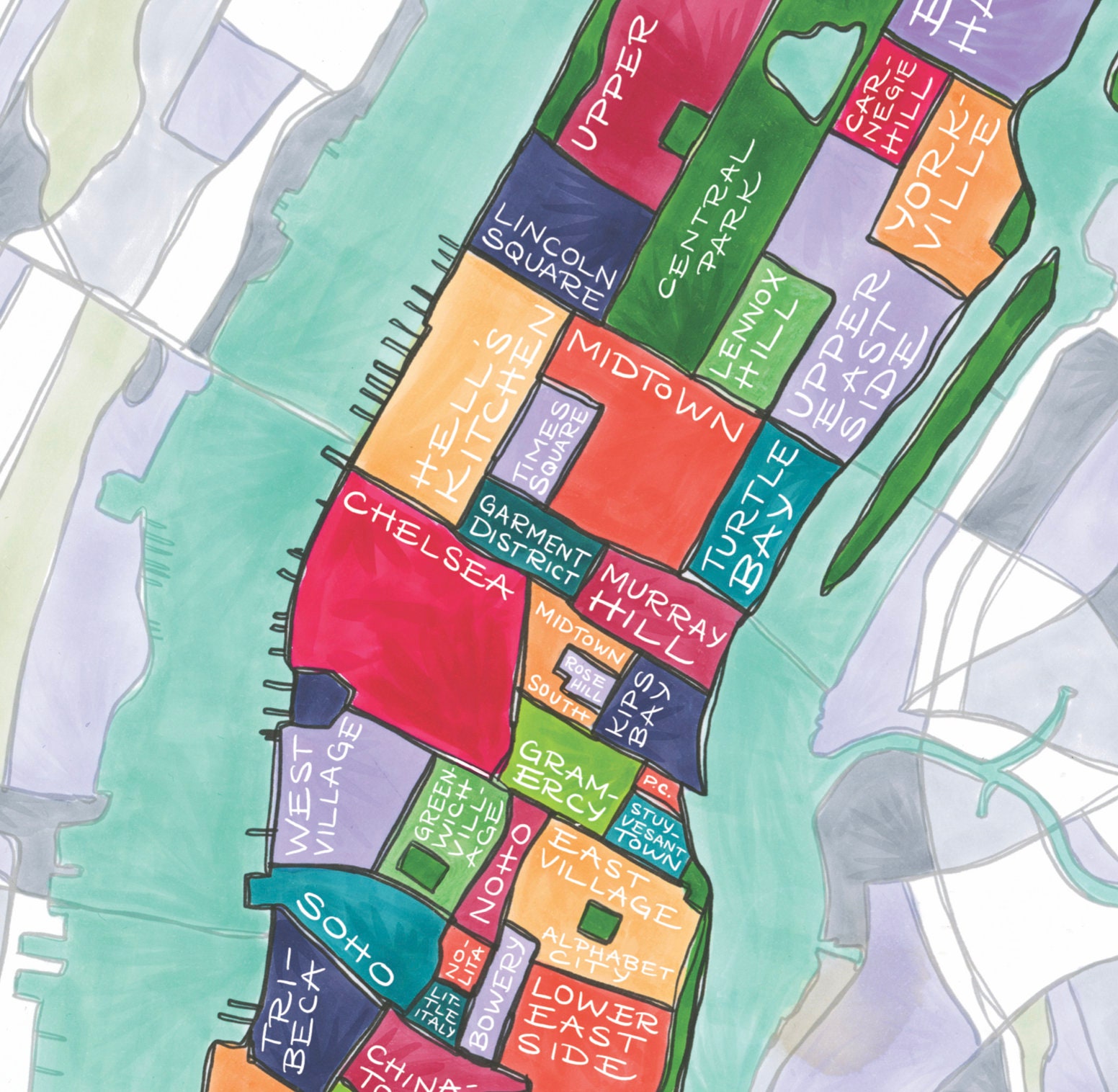 Manhattan Neighborhoods Map Art Print - Etsy