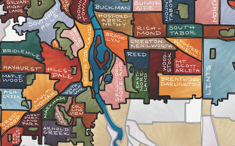 Portland Neighborhoods Map Art Print - Etsy