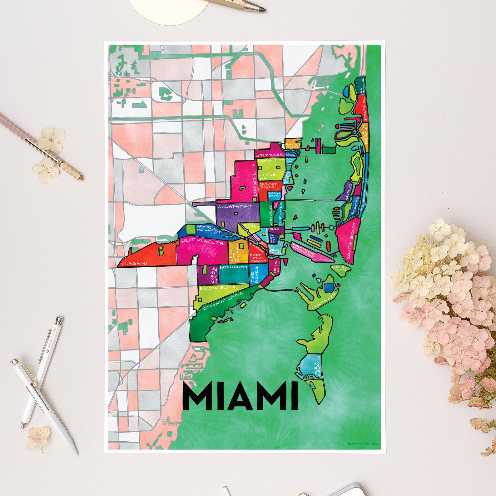 Miami Neighborhoods Map Art Print - Etsy