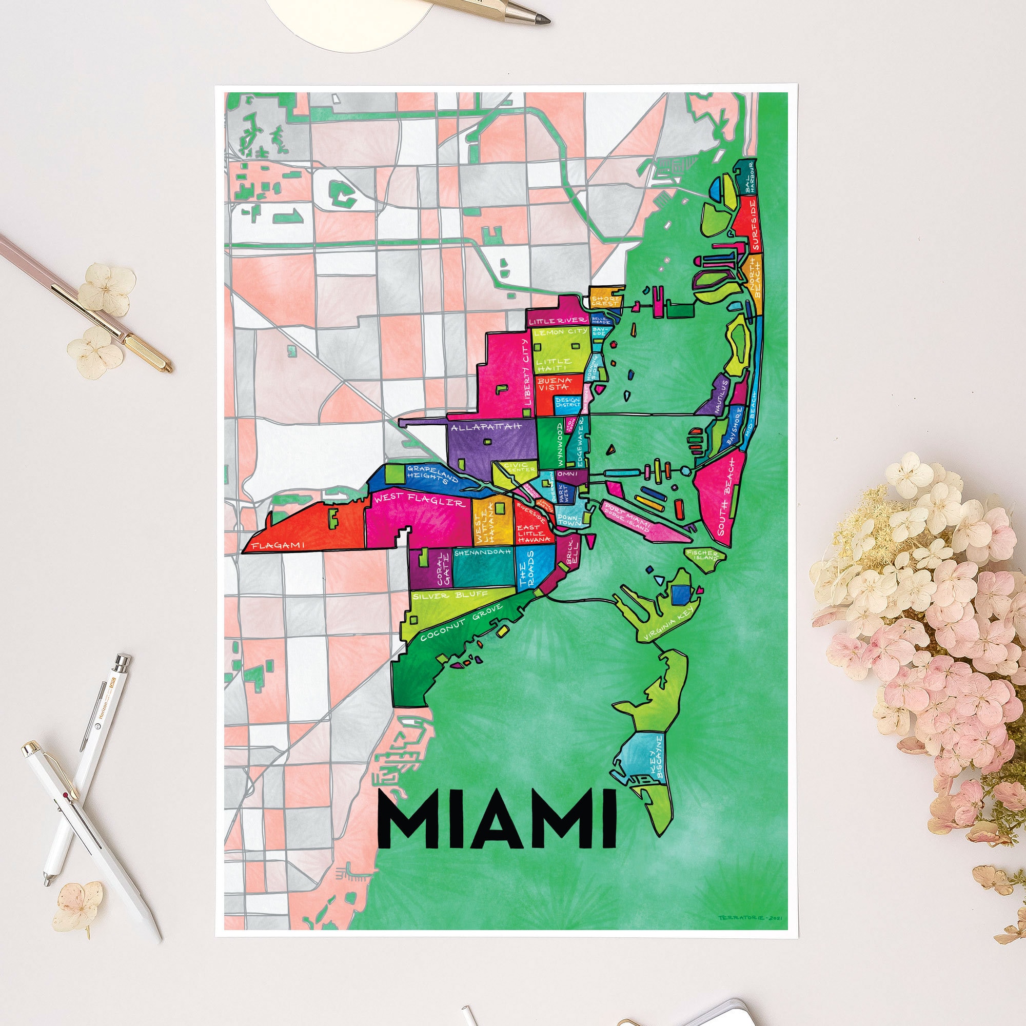 Miami Neighborhoods Map Art Print - Etsy