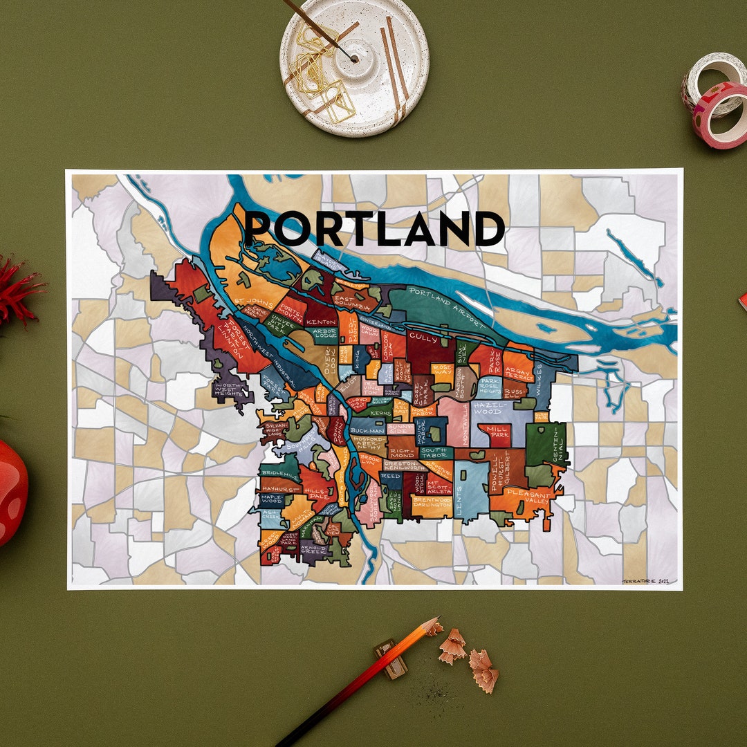 Portland Neighborhoods Map Art Print - Etsy