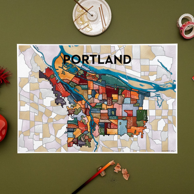 Portland Neighborhoods Map Art Print - Etsy