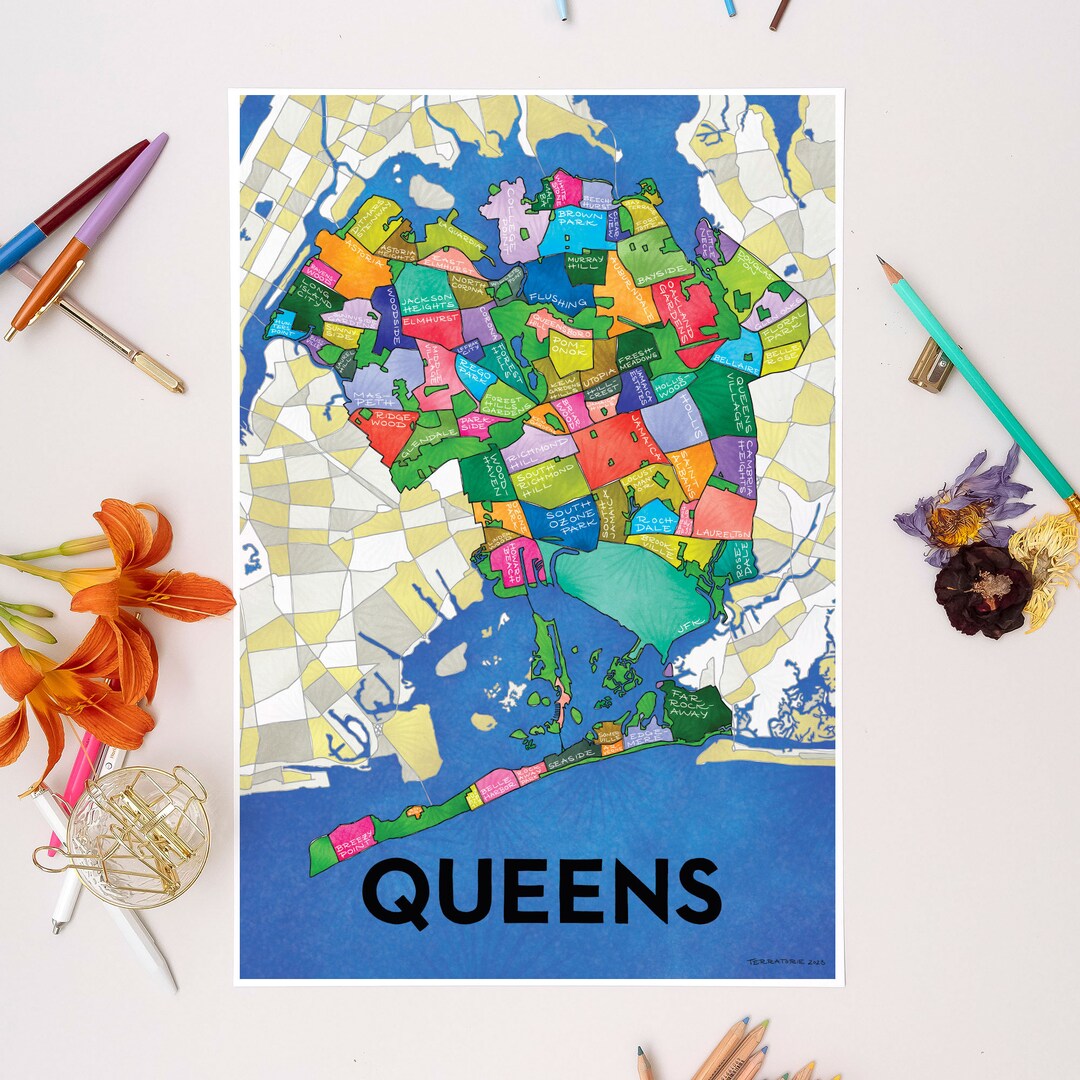 Queens Neighborhoods Map Art Print Etsy