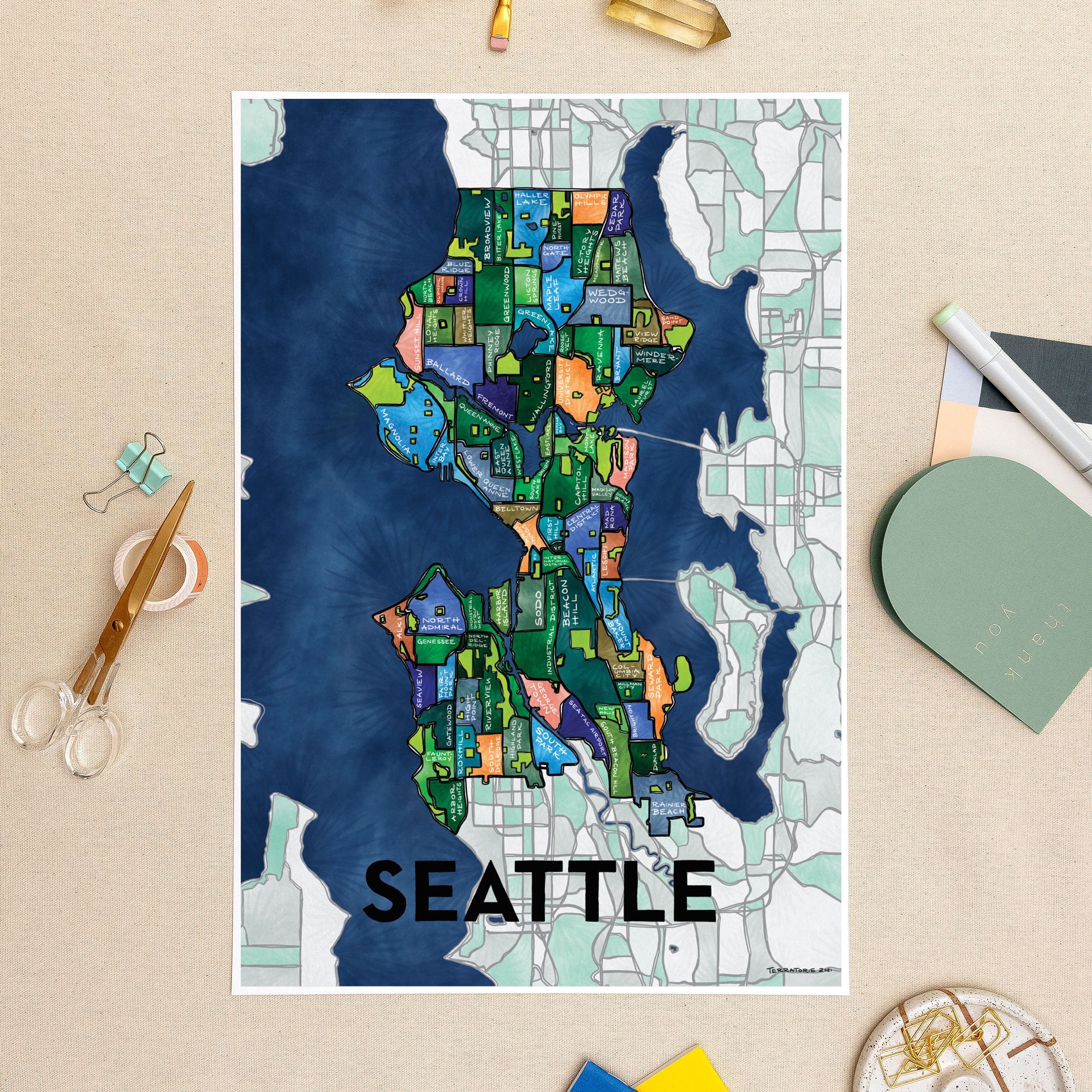 Seattle Neighborhoods Map Art Print - Etsy