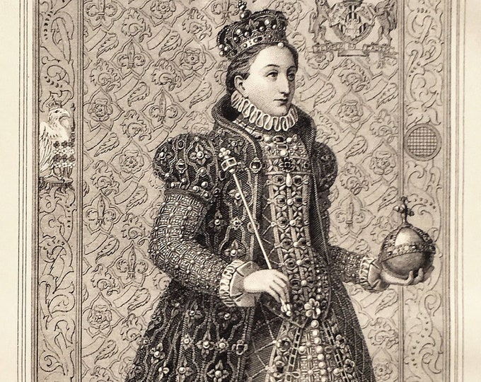 QUEEN ELIZABETH I - C. 1895 Original Antique Engraving, Sepia ...