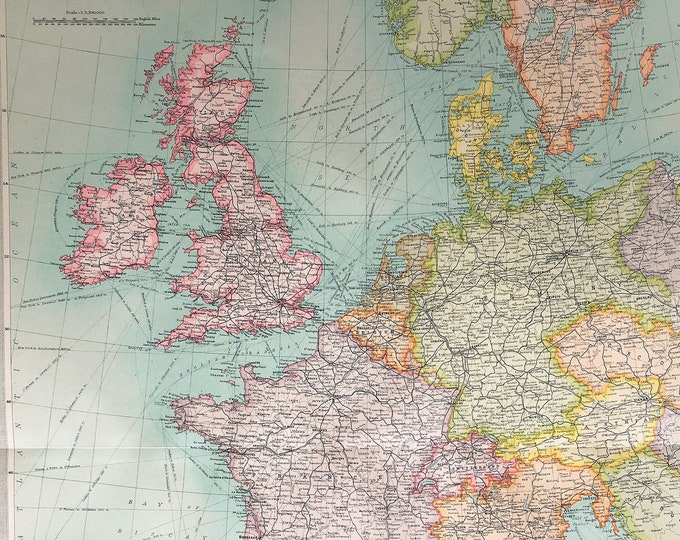 1922 WESTERN EUROPE Map, France, Spain, Germany, Great Britain ...