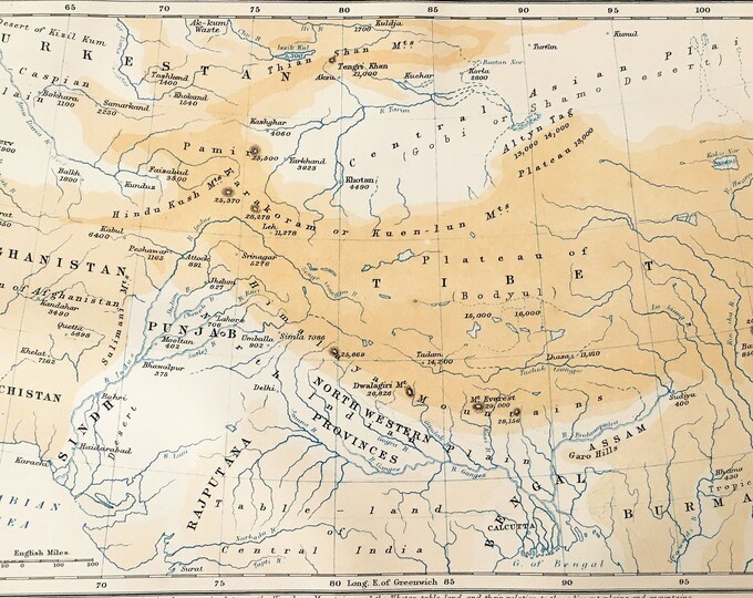 HIMALAYAS 1870s Antique Colour Map, Mountains, Neal, Tibet ...