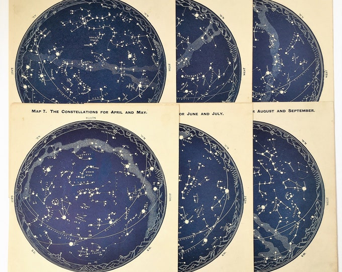 SET of 6 Antique STAR CHARTS, 1880s Astronomy Prints of Constellations ...