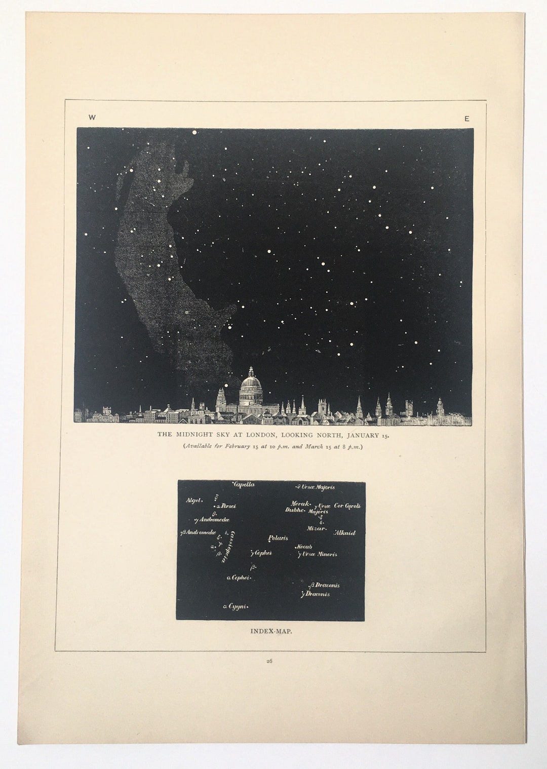 LONDON SKYLINE 1870s Antique Astronomy Print, Black Star Chart of ...