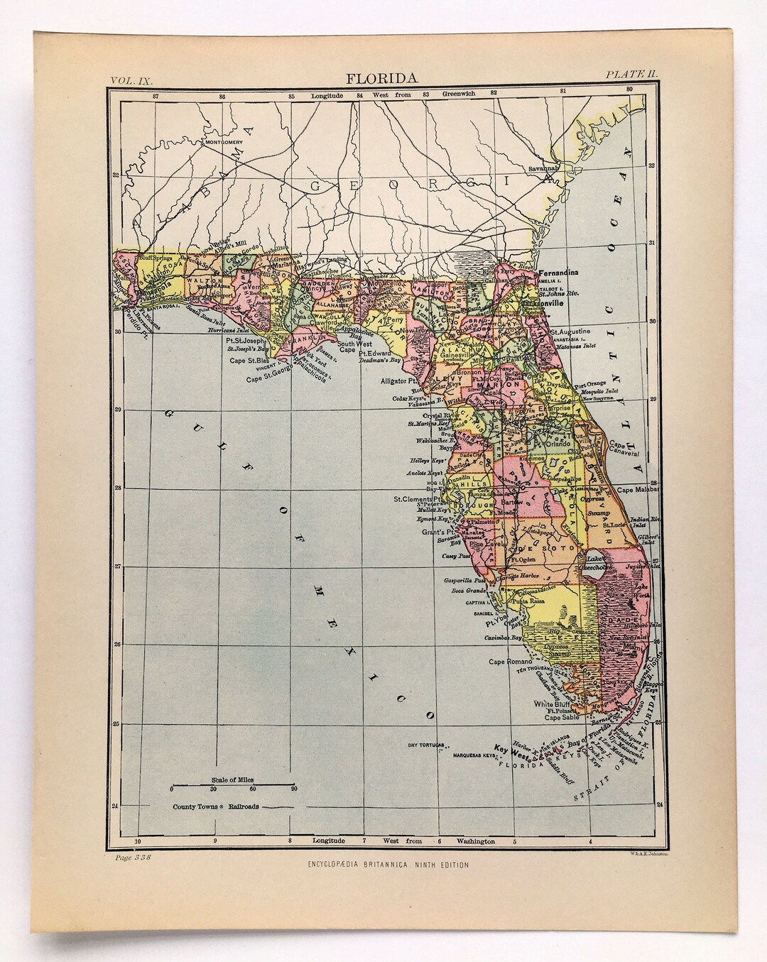 FLORIDA 1870s Antique State Map, USA. Encyclopedia Britannica, 8 X 11 ...