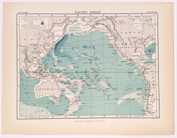 Antique Colour Map of Pacific Ocean Currents and Depths. | Etsy Australia