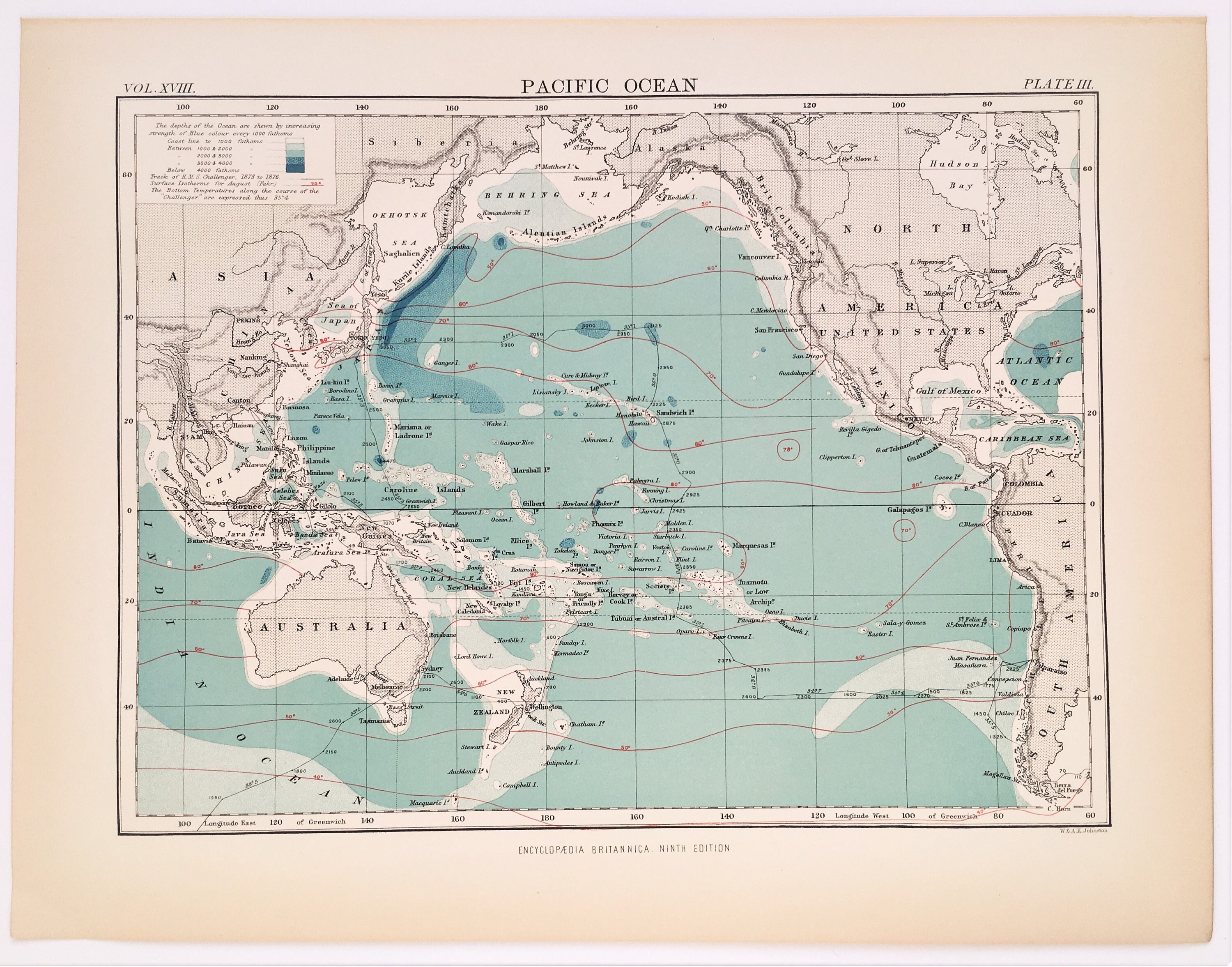 Antique Colour Map of Pacific Ocean Currents and Depths. - Etsy Australia
