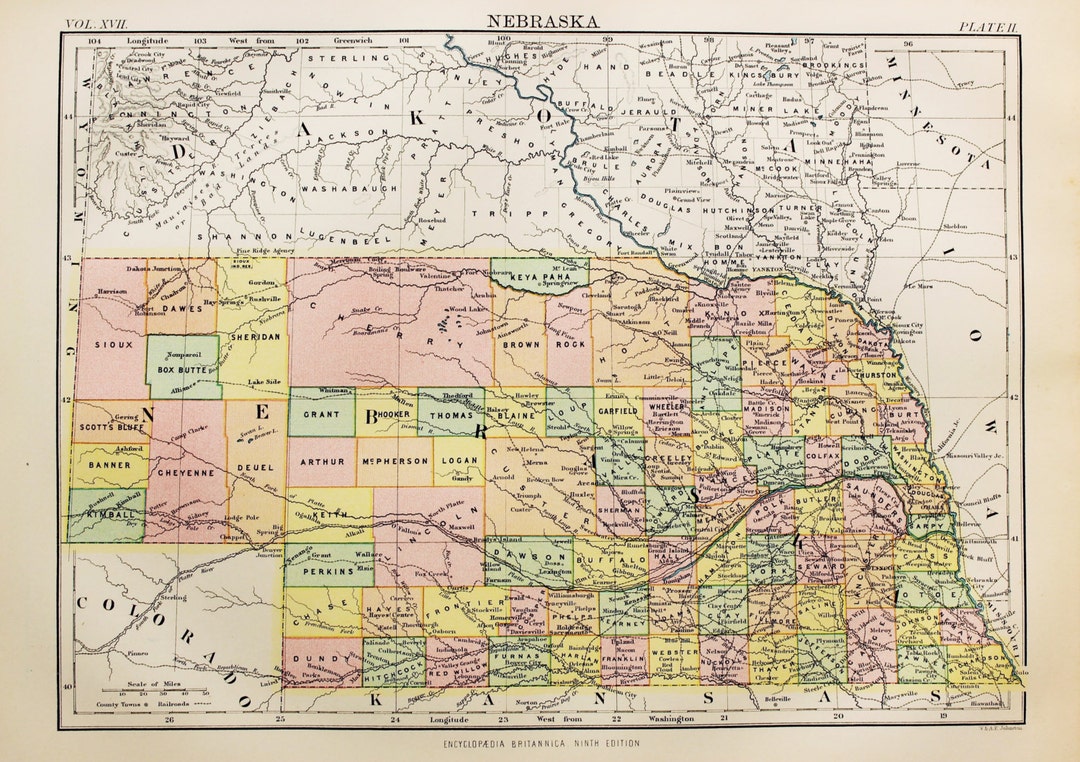NEBRASKA 1870s Antique State Map USA. Encyclopedia - Etsy