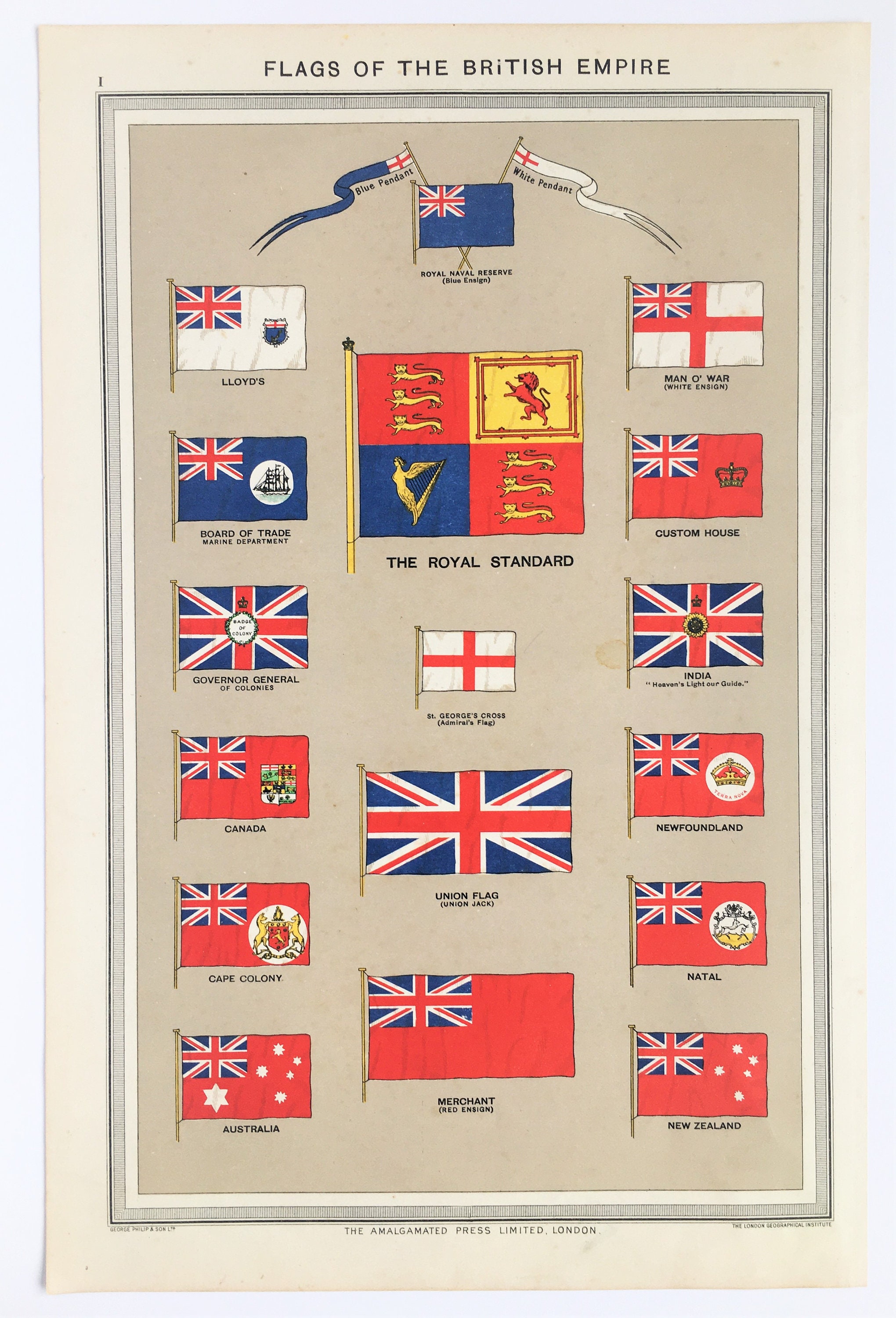 Art & Collectibles Lithographs 1920 Large Antique Print Ensigns Colour Lithograph Standards ...