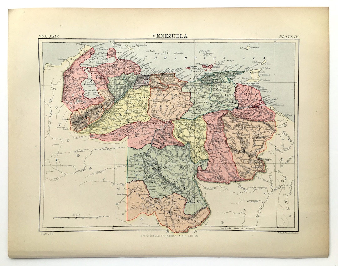 1870s VENEZUELA Antique Colour Map, South America. Encyclopedia ...