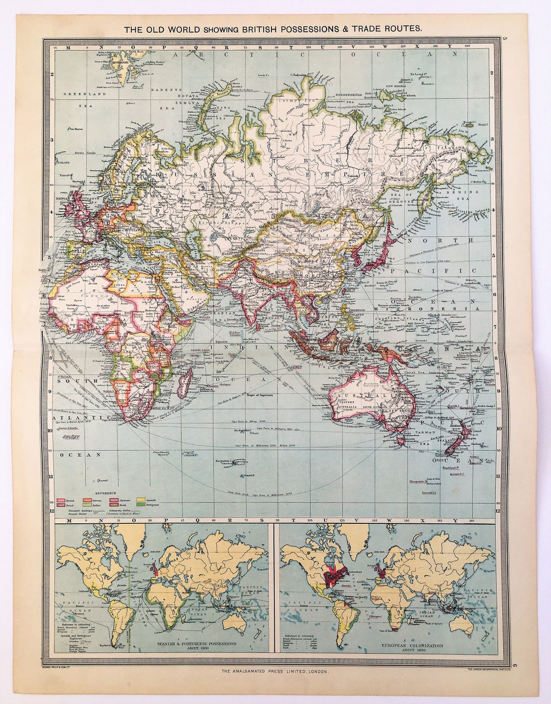 Antique Map of OLD WORLD, British Empire & Trade Routes, Harmsworth C ...