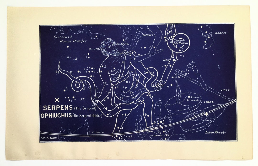 1893 Serpens & Ophiuchus Antique Astronomy Print, Blue-black Star Chart ...