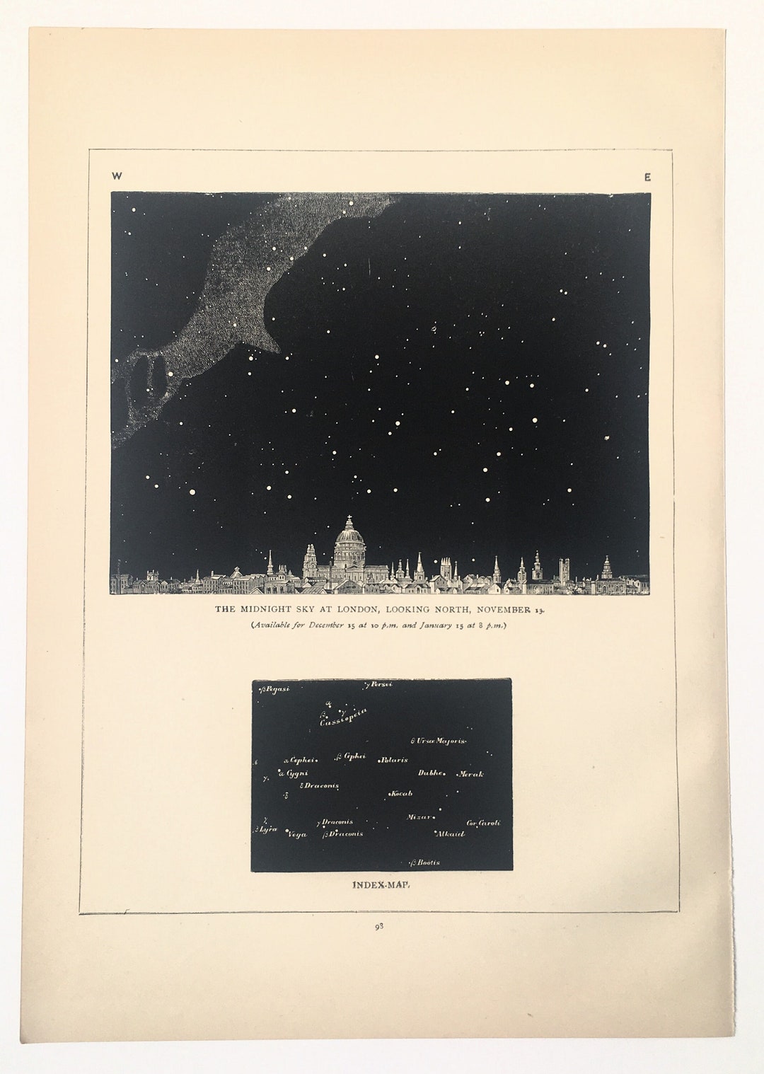 LONDON SKYLINE 1870s Antique Astronomy Print, Black Star Chart of ...