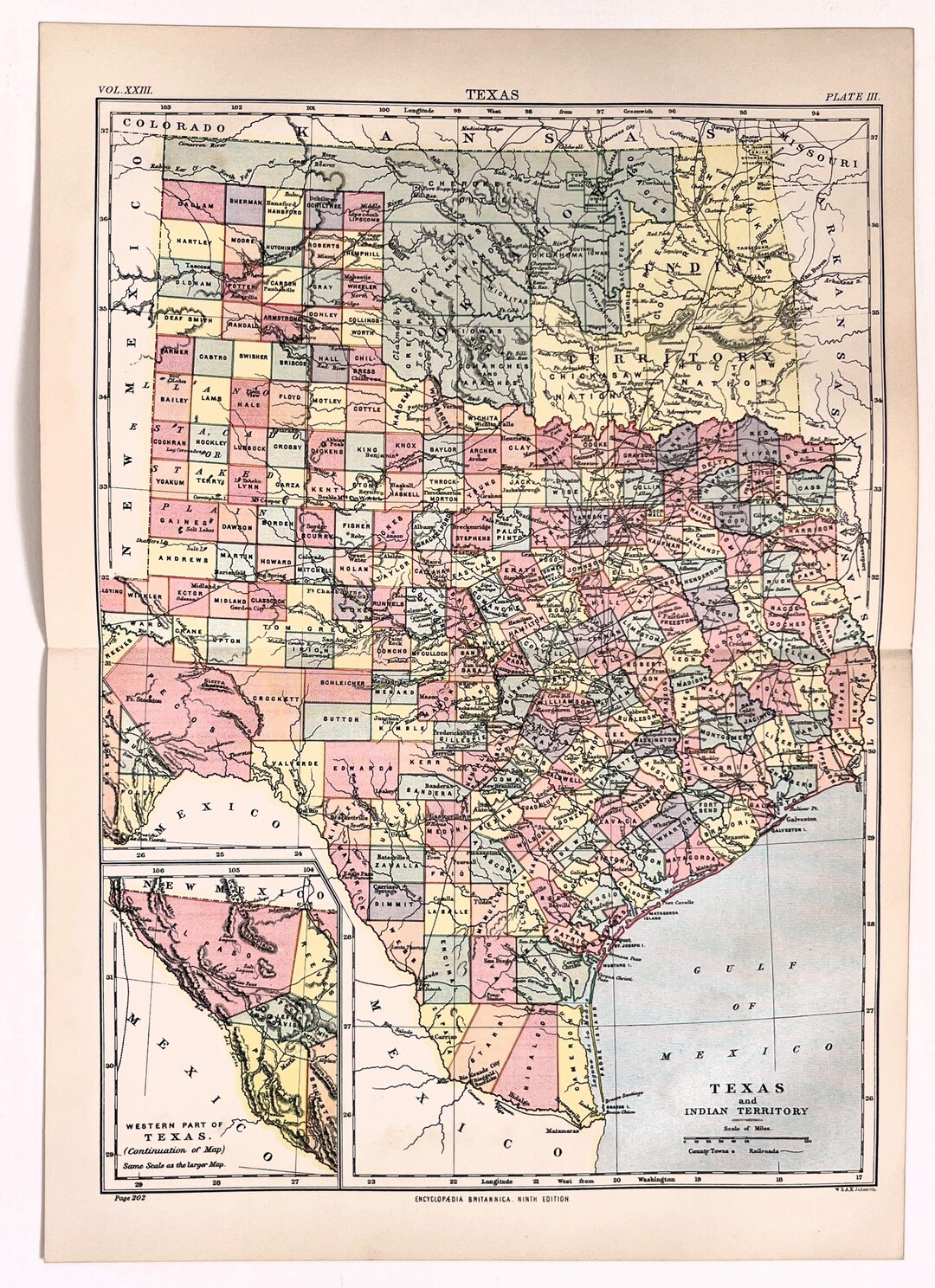 TEXAS Antique State Map, USA. Encyclopedia Britannica, 1870s, 16.5 X 11 ...