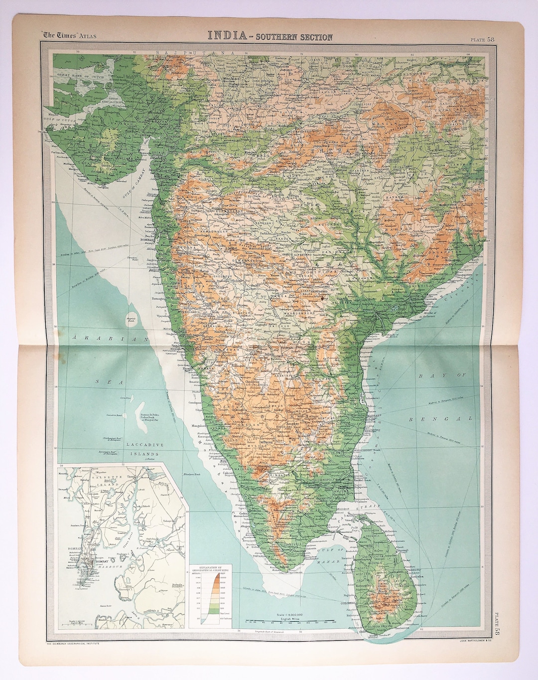 SOUTHERN INDIA Very Large 1922 Antique Map, Ceylon, Sri Lanka, Vintage ...