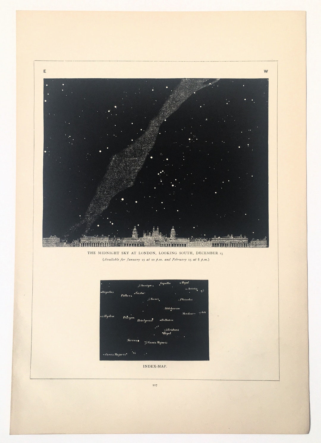 LONDON SKYLINE 1870s Antique Astronomy Print, Black Star Chart of ...