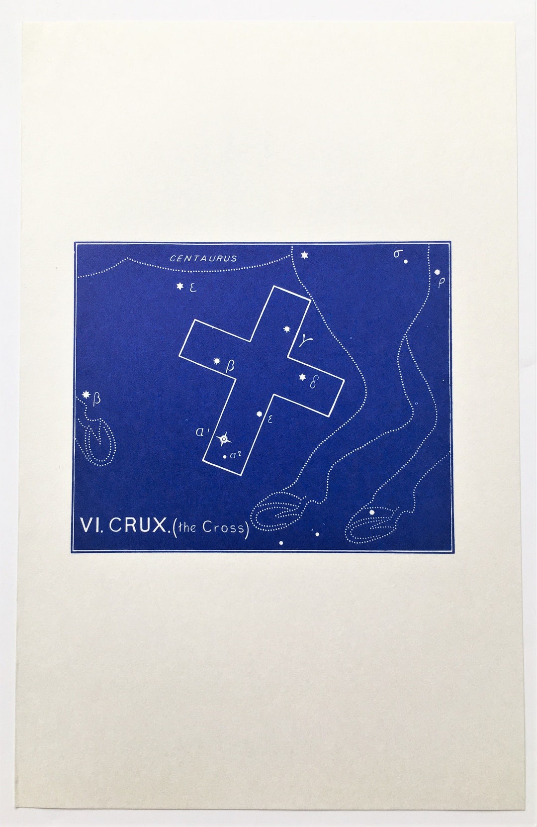 1950s Crux Antique Astronomy Print, Blue Star Chart of Constellations ...