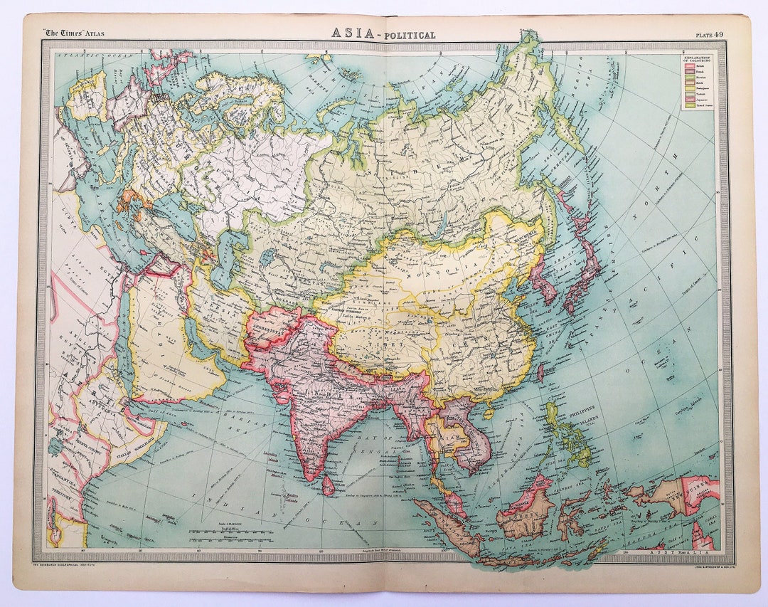 ASIA CONTINENT Map, Political, Countries, Very Large 1922 Vintage ...