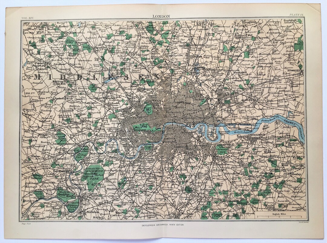 GREATER LONDON 1870s Antique Map. Encyclopedia Britannica, 8 X 11 ...