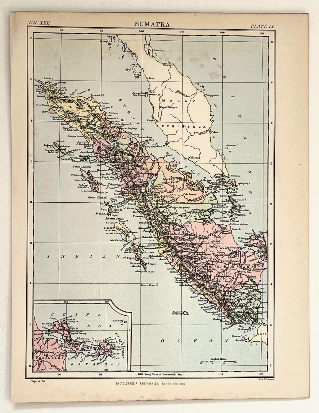 SUMATRA, MALAYSIA, INDONESIA 1870s Antique Colour Map. Encyclopedia ...