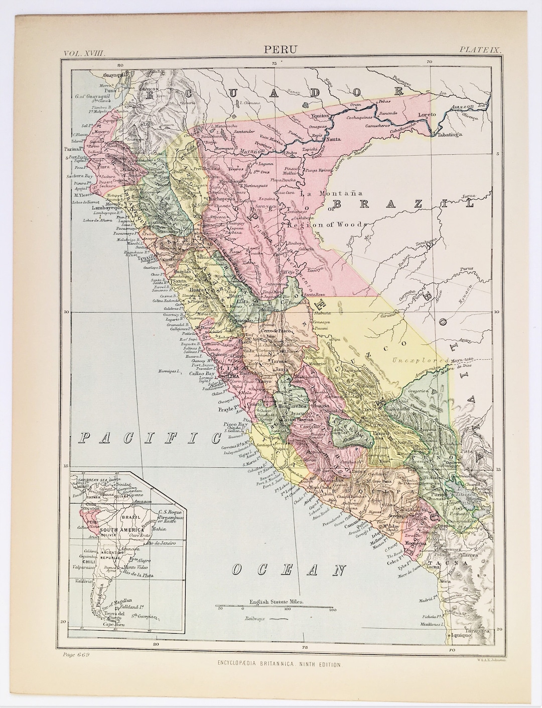 PERU Antique Colour Map, South America. Encyclopedia Britannica, 1870s ...