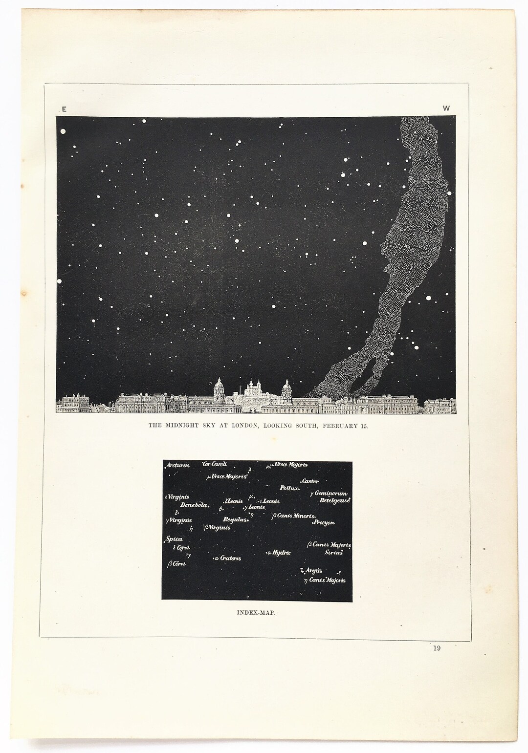 LONDON SKYLINE 1870s Antique Astronomy Print, Black Star Chart of ...