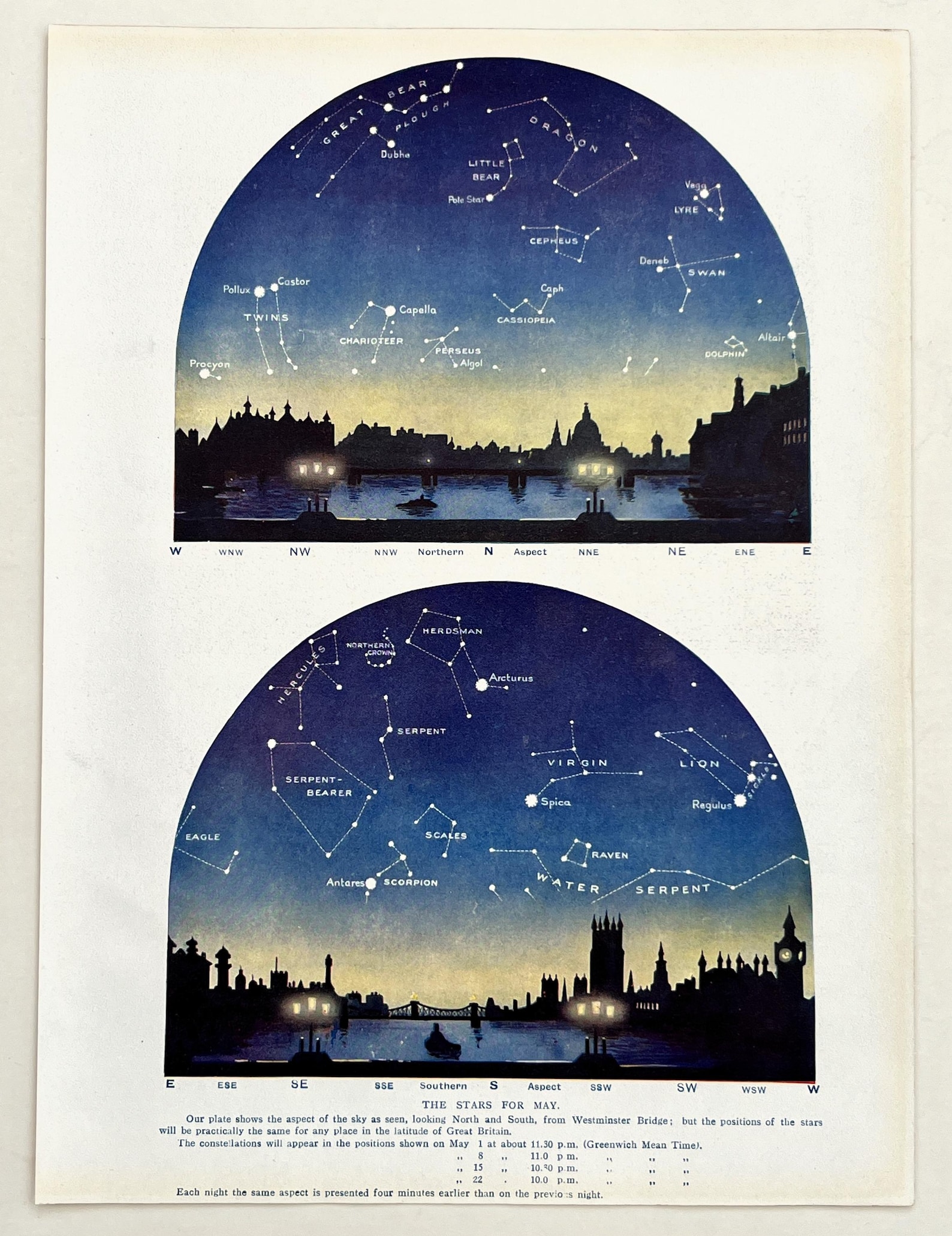 Star Chart for May, London Skyline & River Thames, 1920 Antique ...