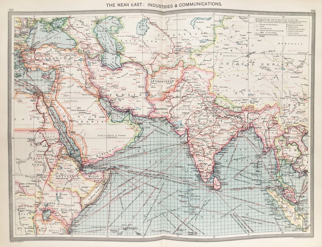 MIDDLE EAST, Asia, Industries & Communications Routes, Antique Map ...