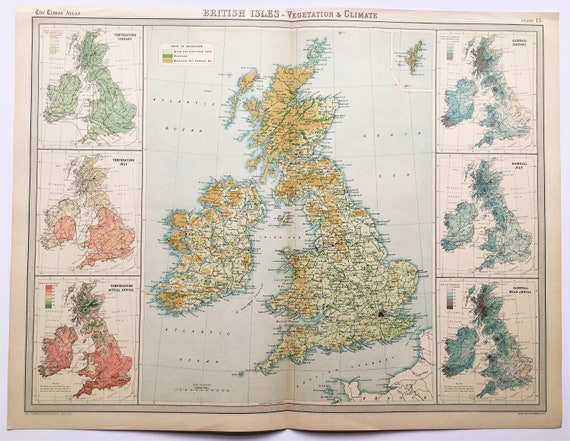 British Isles Map Vegetation & Climate Rainfall | Etsy