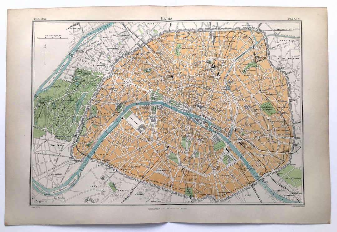 1870s PARIS Antique Colour Map, France. Encyclopedia Britannica, 16 X ...