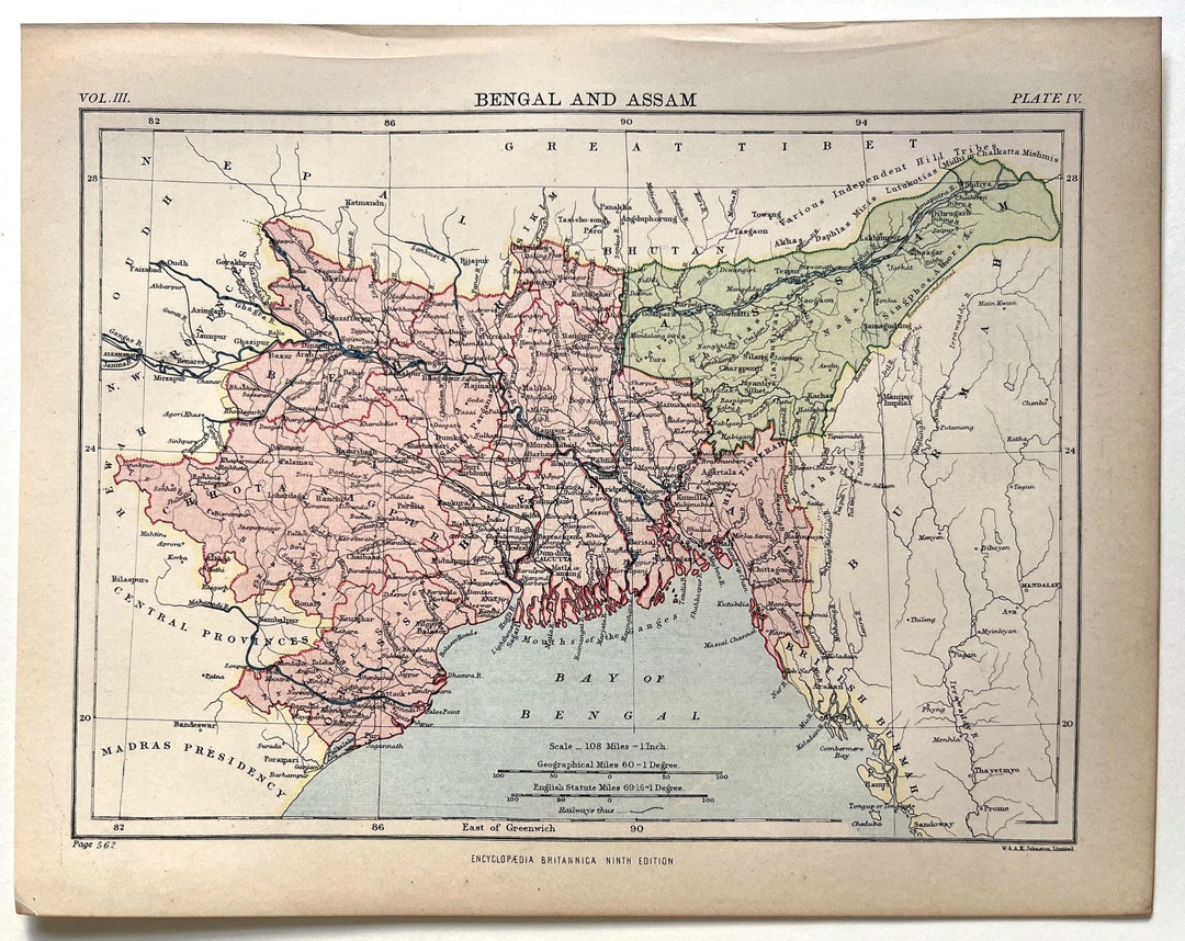 BENGAL & ASSAM 1870s Antique Map, India, Encyclopedia Britannica, 8 X ...