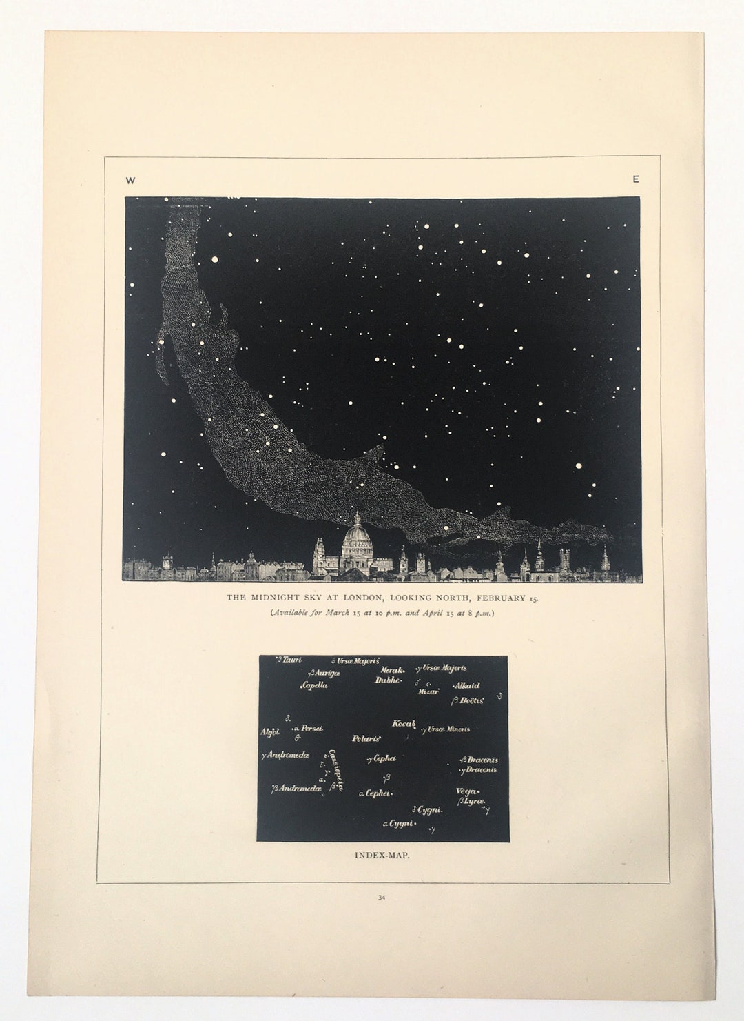 LONDON SKYLINE 1870s Antique Astronomy Print, Black Star Chart of ...
