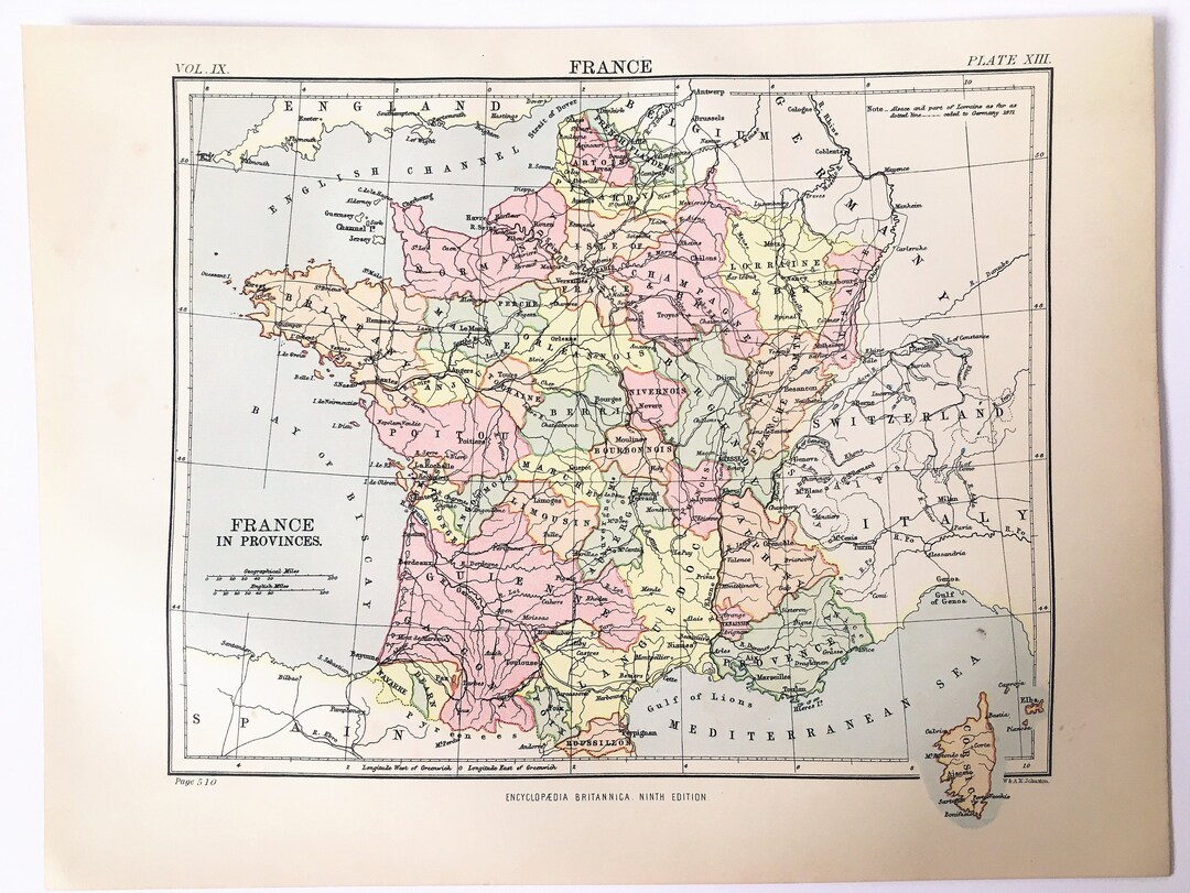FRANCE in PROVINCES 1870s Antique Colour Map. Encyclopedia Britannica ...