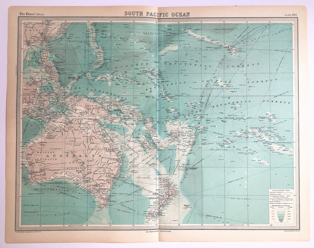 SOUTH PACIFIC OCEAN Map, Communications, Trade Routes, Steamers, Very ...