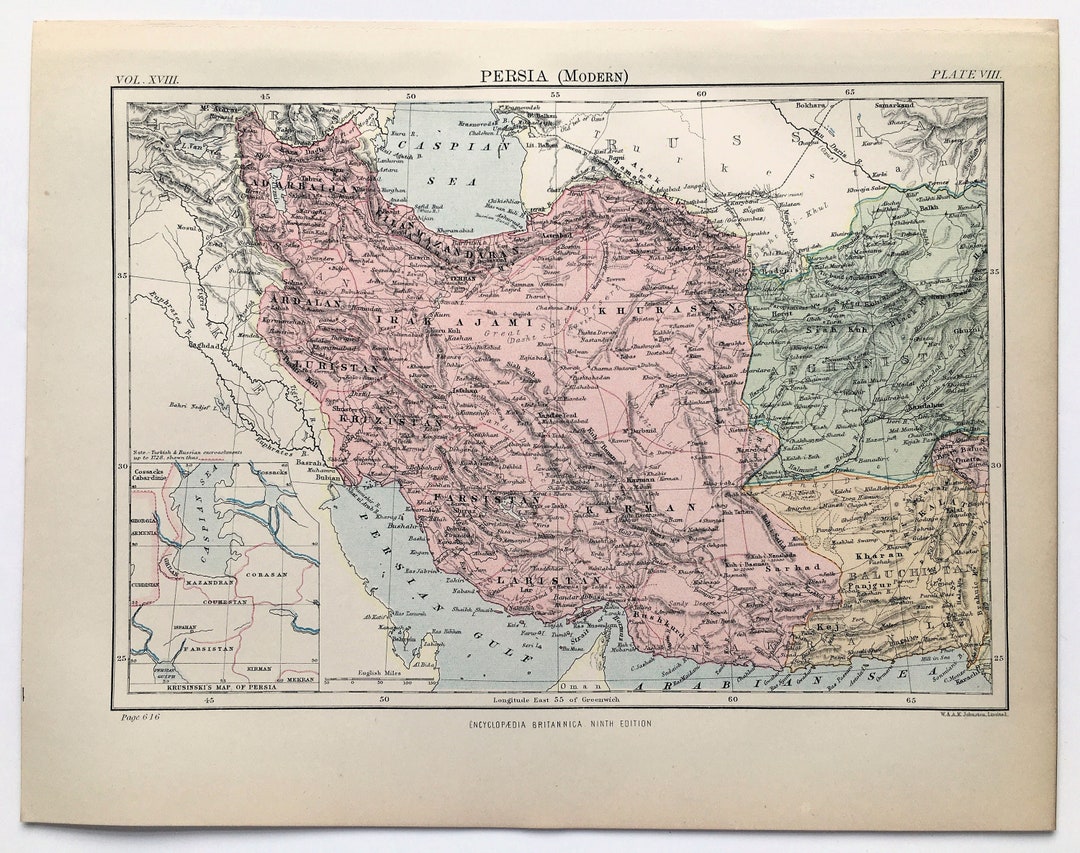 1870s PERSIA Antique Colour Map, Middle East. Encyclopedia Britannica ...