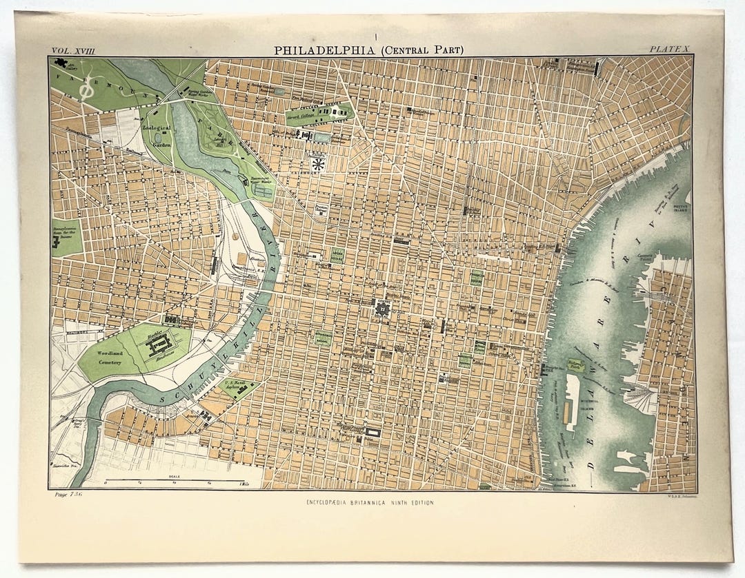 PHILADELPHIA Antique City Map, USA. Encyclopedia Britannica, 1870s, 8 X ...