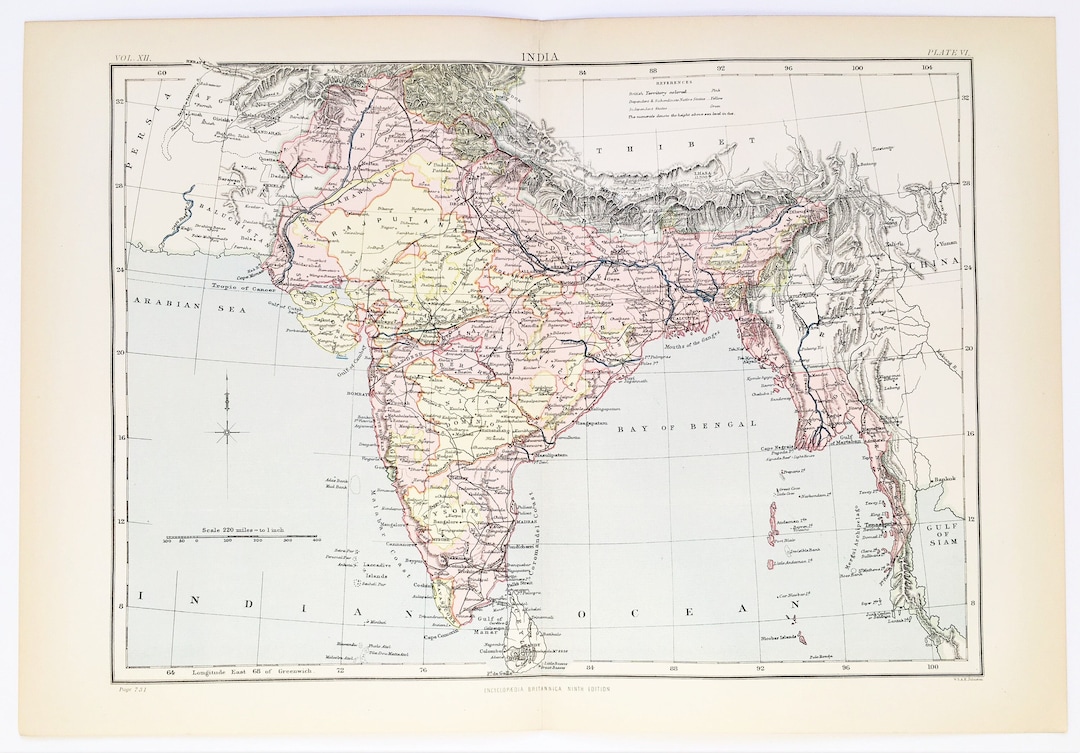 INDIA 1870s Antique Colour Map, Indian Ocean, Bay of Bengal ...