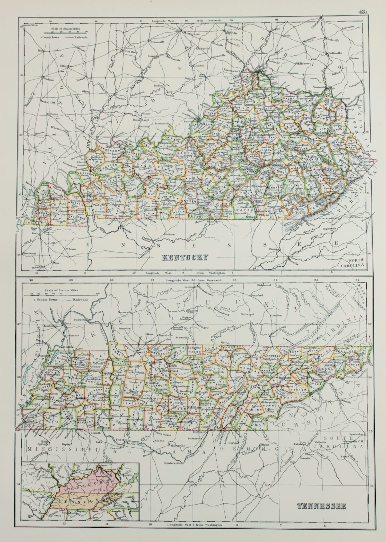 Kentucky & Tennessee State and County Map United States | Etsy