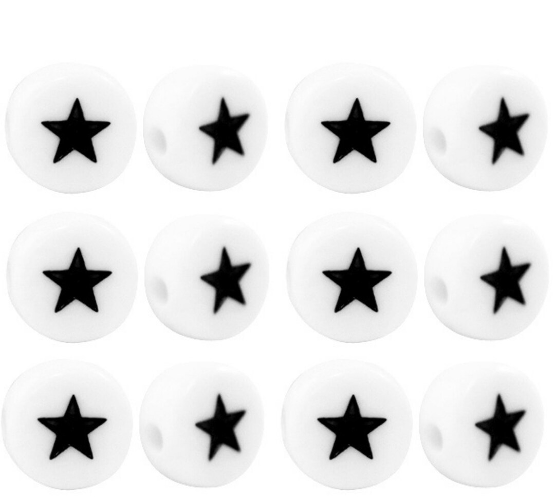 White With Black Star Threading Beads, 90pcs 7mm Diameter Round Acrylic ...