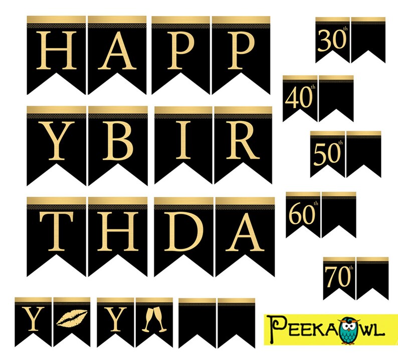 Instant Download Black Gold Birthday Banners Printable Happy Etsy