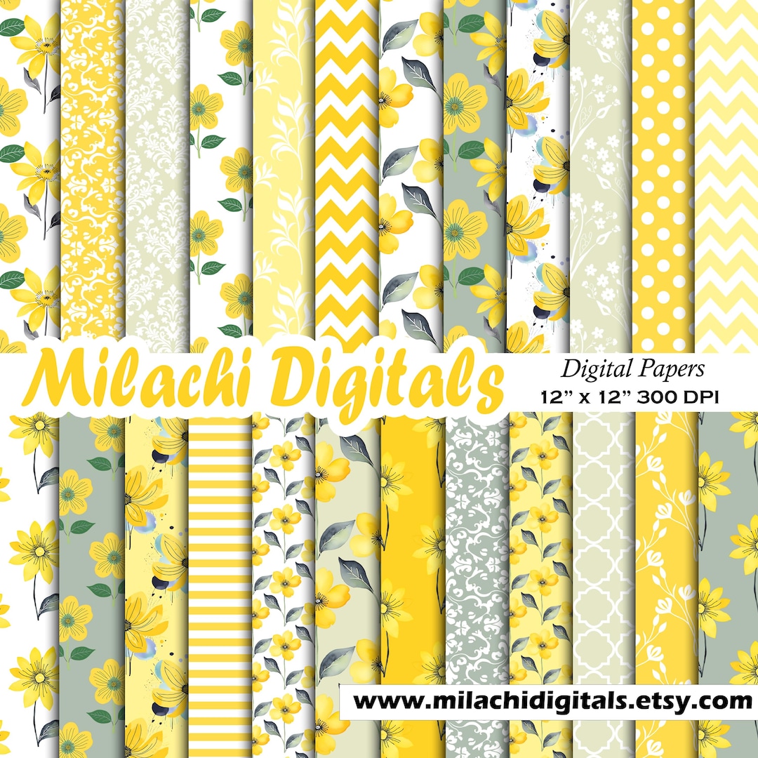 Yellow Flowers Digital Paper, Seamless 12"x12" Scrapbook Paper, Junk ...