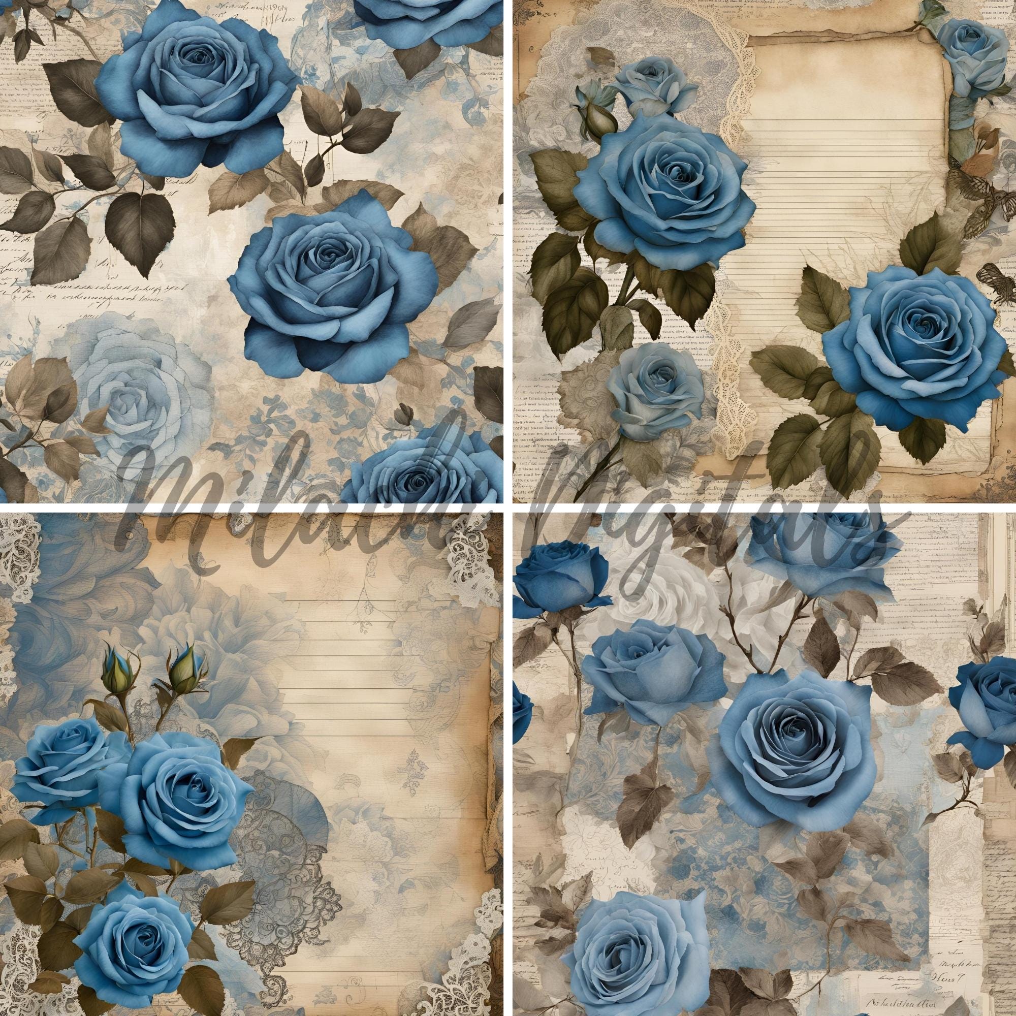 Blue Shabby Chic Digital Paper Pack 12"x12", Floral Background, DIY ...